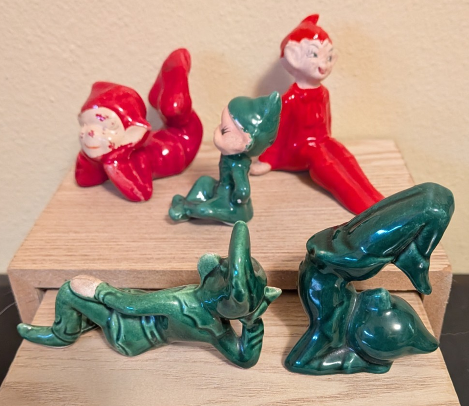 5 Vintage MCM Ceramic Pixies from Asst Sets, Green & Red, Japan | eBay