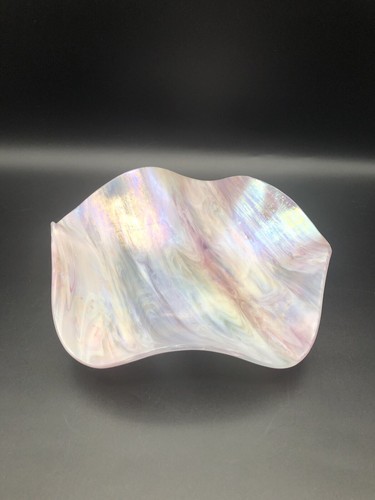 Iridescent Pink White Slag Art Glass Trinket Dish 9” Freeform Wavy ...
