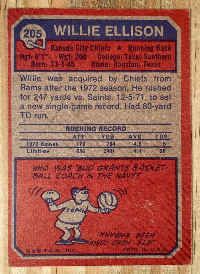 1973 TOPPS WILLIE ELLISON CARD#205 LOS ANGELES RAMS KC CHIEFS TEXAS ...