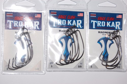 3 packs eagle claw tro kar trokar magworm worm hook tk120-5/0 size 5/0 ...