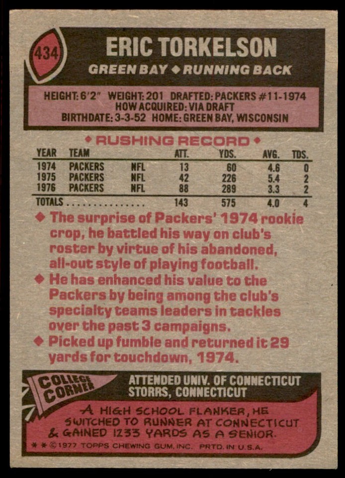 1977 Topps Eric Torkelson Rookie Green Bay Packers #434 | eBay