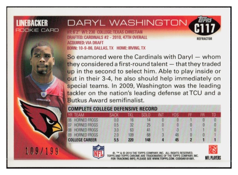 H288 DARYL WASHINGTON RC 2010 TOPPS CHROME BLUE REFRACTOR /199 ...