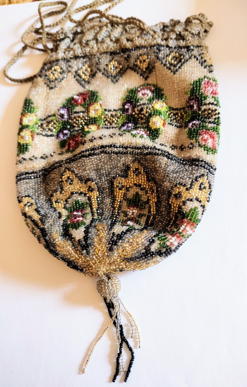 Antique Beaded Drawstring Reticule Handbag - Gem