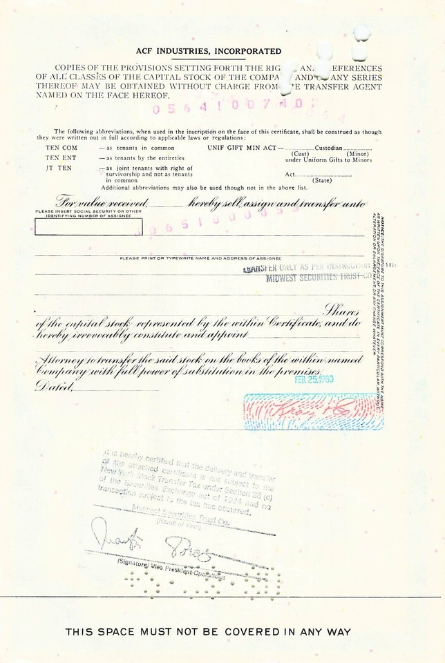 STOCK CERTIFICATE 1979 / 77 shares ACF INDUSTRIES INC - BLUE 10/31/79 ...