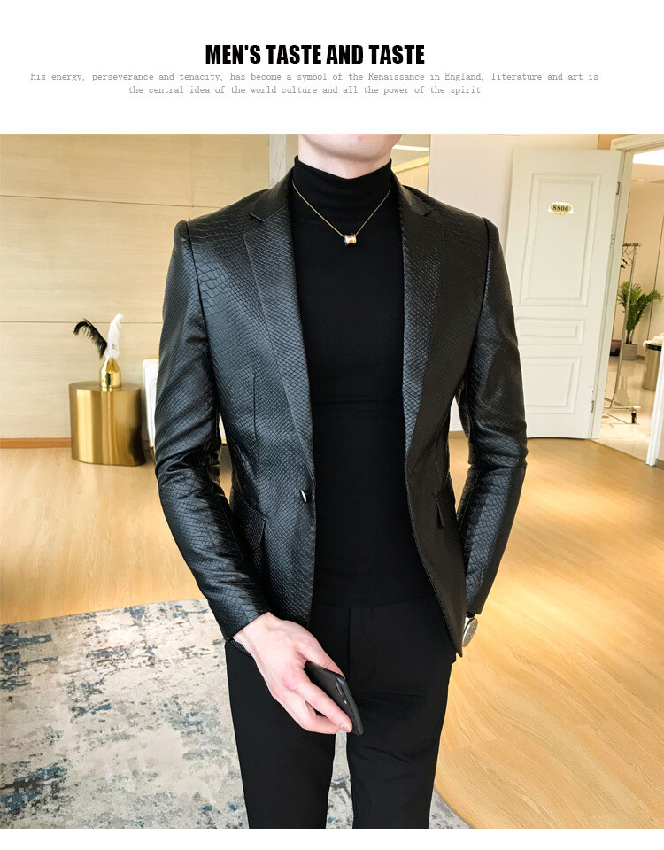Mens Formal Dress Motorcycle Faux Leather Slim Fit Jacket Blazer Coat ...