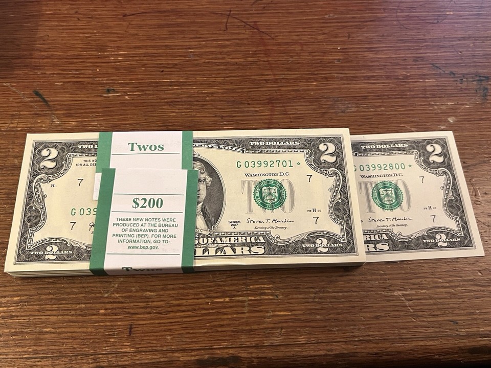 LOT of 100, $2 Star Notes Uncirculated Consecutive Strap BEP Pack ...