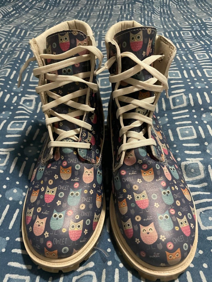 Streetfly Navy Blue Vegan Leather Colorful Owls Lug-Soled Boot, New | eBay