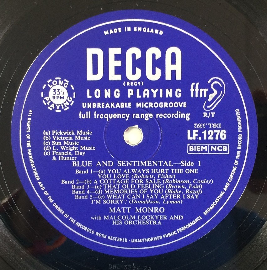 MATT MONRO Blue And Sentimental Vinyl Record Album 10 Inch Decca 1956 ...