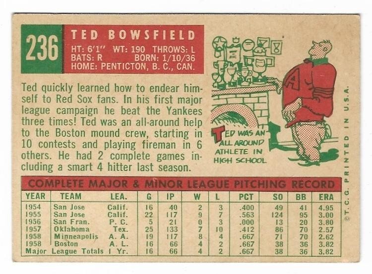 TED BOWSFIELD 1959 Topps RC #236 Boston Red Sox SALE GOES TO GOOD CAUSE ...