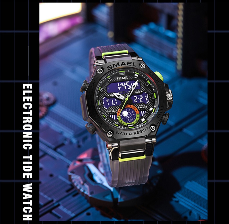 SMAEL Brand Men Digital LED Watch Dual Time Gold Watches Rubber ...