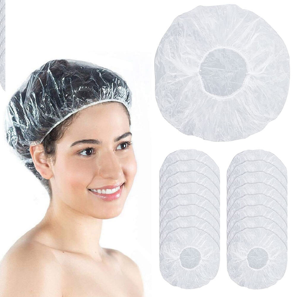 16 Disposable Shower Caps Clear Elastic Plastic Home Hotel Bath Hair ...