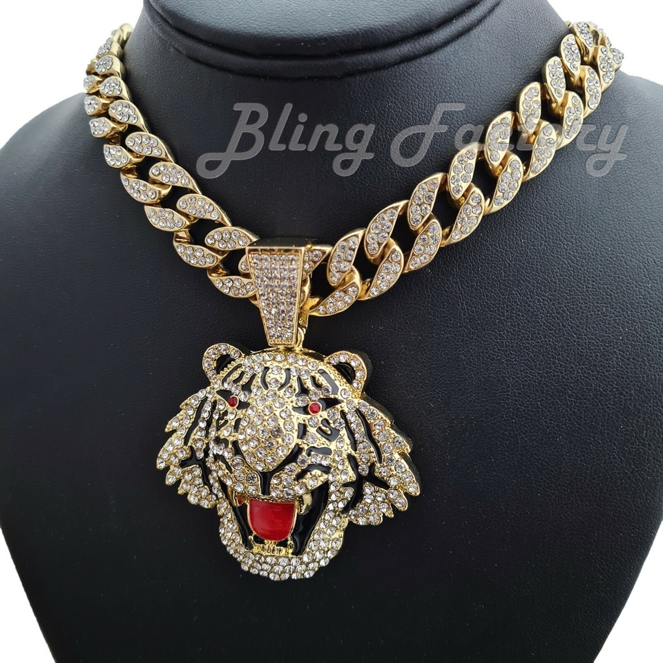 Iced Large Gold Tiger Pendant & 16" ~ 24" Iced Cuban Choker Chain Bling ...