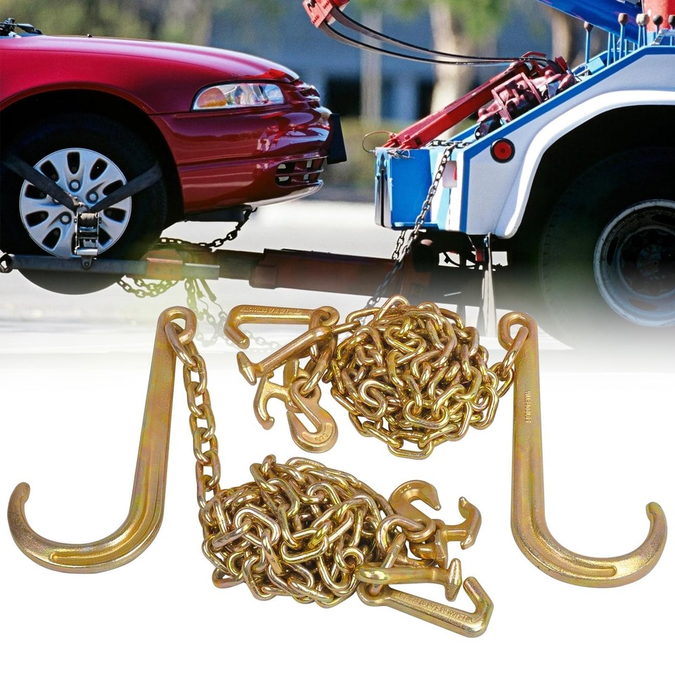 5/16" Grade 70 V-Type Transport Tow Chain 10 Ft w/J-Hooks Long Shank ...