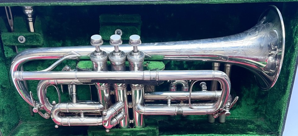 STUNNING ANTIQUE 1915 H.N. WHITE KING SILVER CORNET TRUMPET IN CASE ...