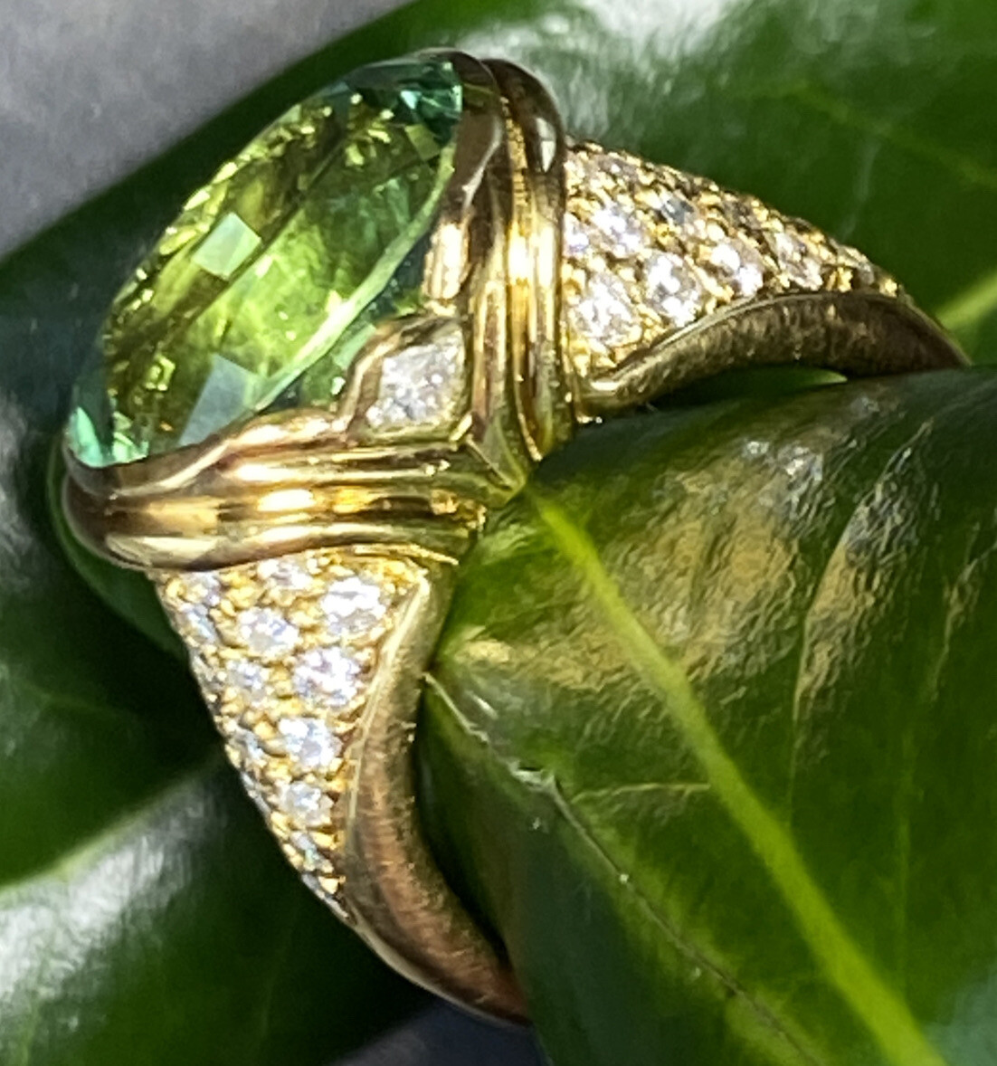 HUGE Green Tourmaline Diamond 18K Yellow Gold Vintage Ring 5.25 Unusual ...