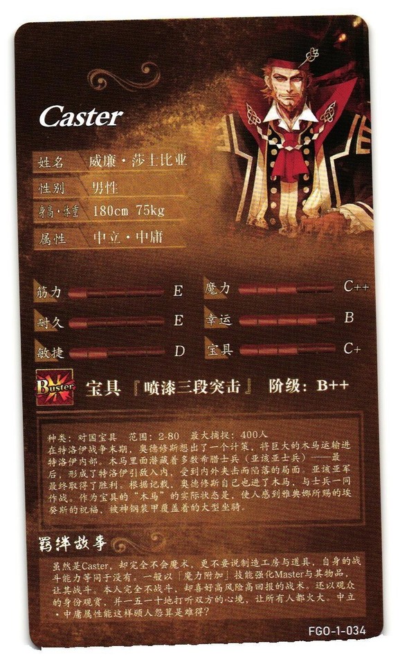 Fate Grand Order FGO Arcade William Shakespeare Caster 2 Star Anime ...