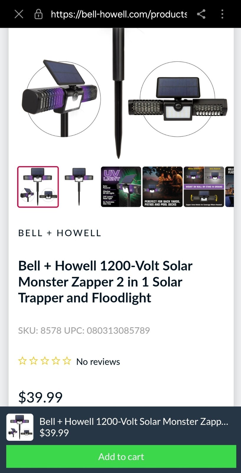 Bell+Howell Monster Solar Zapper 2-In-1 Flood Light/ Bug Zapper Motion ...