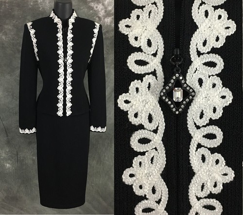 BEAUTIFUL st john collection knit black white embellished skirt suit ...