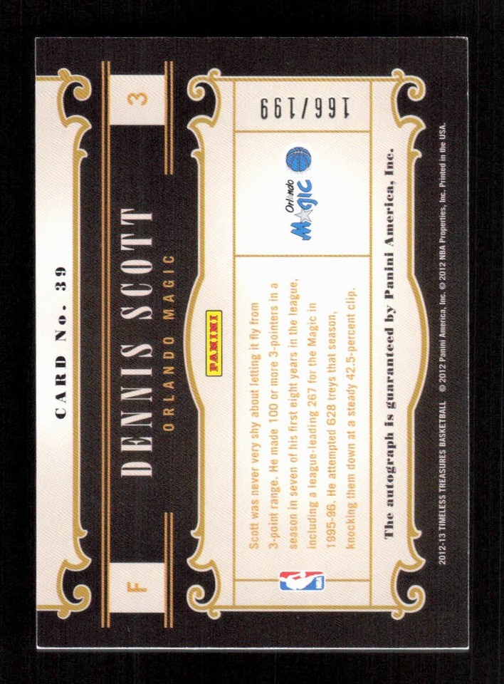 2012-13 Panini Timeless Treasures #39 Dennis Scott Timeless Signatures ...