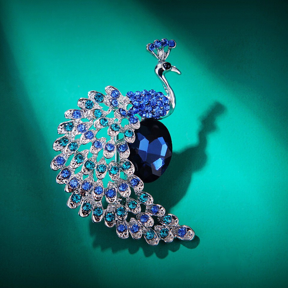 Art Deco Style Look Peacock Blue Big Crystal Silver Tone Bird BROOCH ...