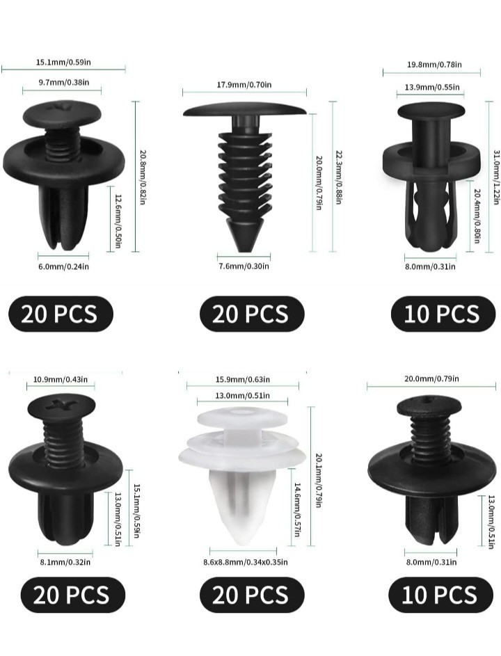 100 PCS Car Bumper Retainer Clips 6mm 7.6mm 8mm 8.6mm Nylon Fasteners ...