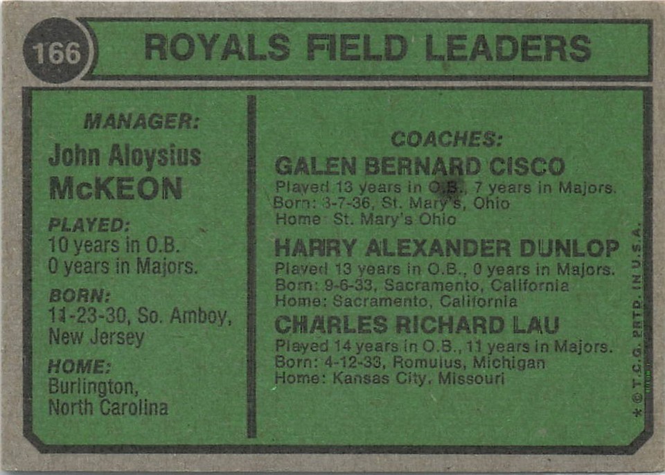 1974 Topps - Jack McKeon, Galen Cisco, Charlie Lau #166 - Set Break! EX ...