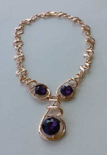 Purple Crystal Necklace 18k Gold Overlay Austrian Crystals and White CZ ...