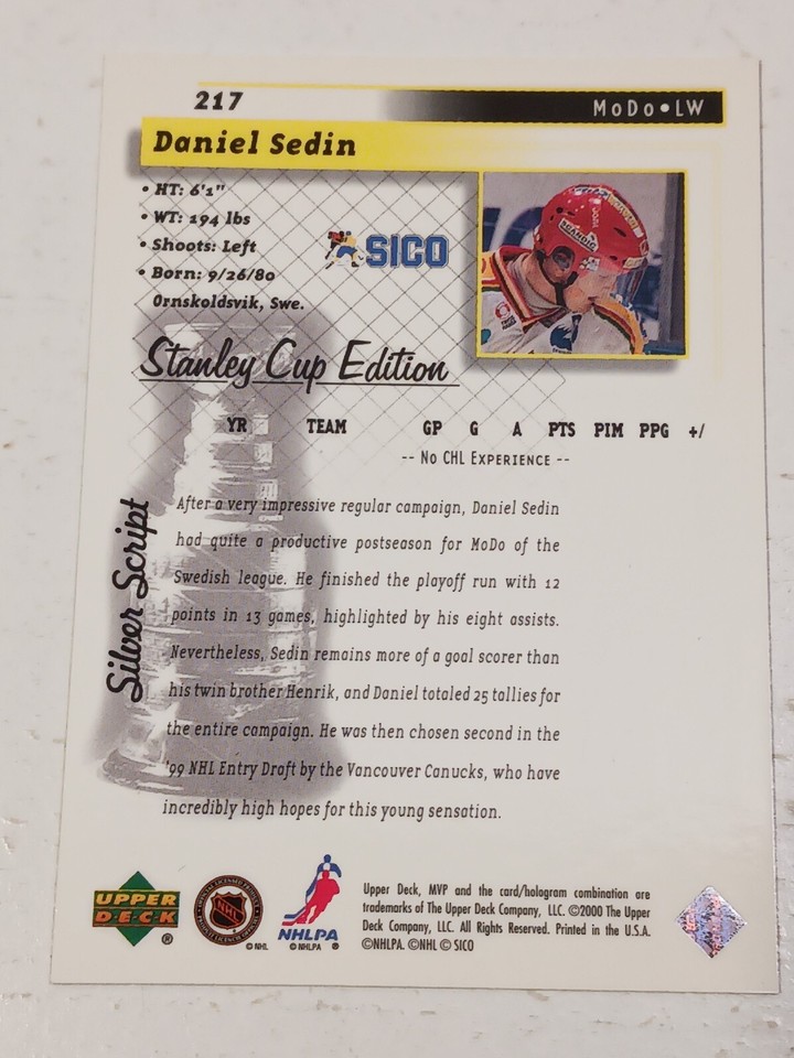 Daniel Sedin Vancouver Canucks 2000 Upper Deck Stanley Cup Silver ...