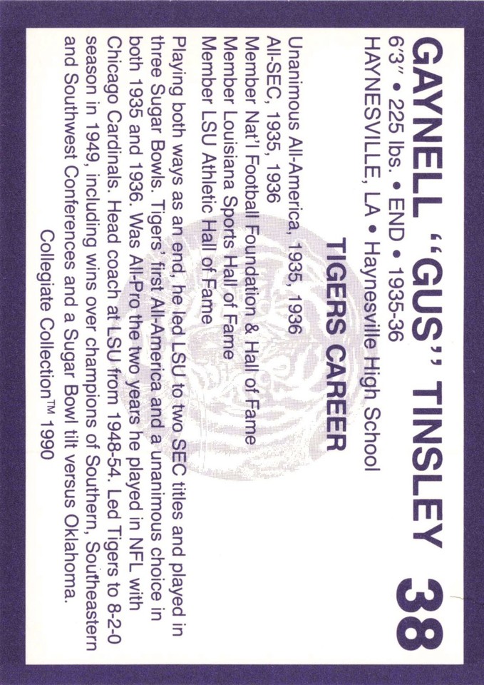 1990 Collegiate Collection LSU Tigers Gaynell Tinsley #38 | eBay