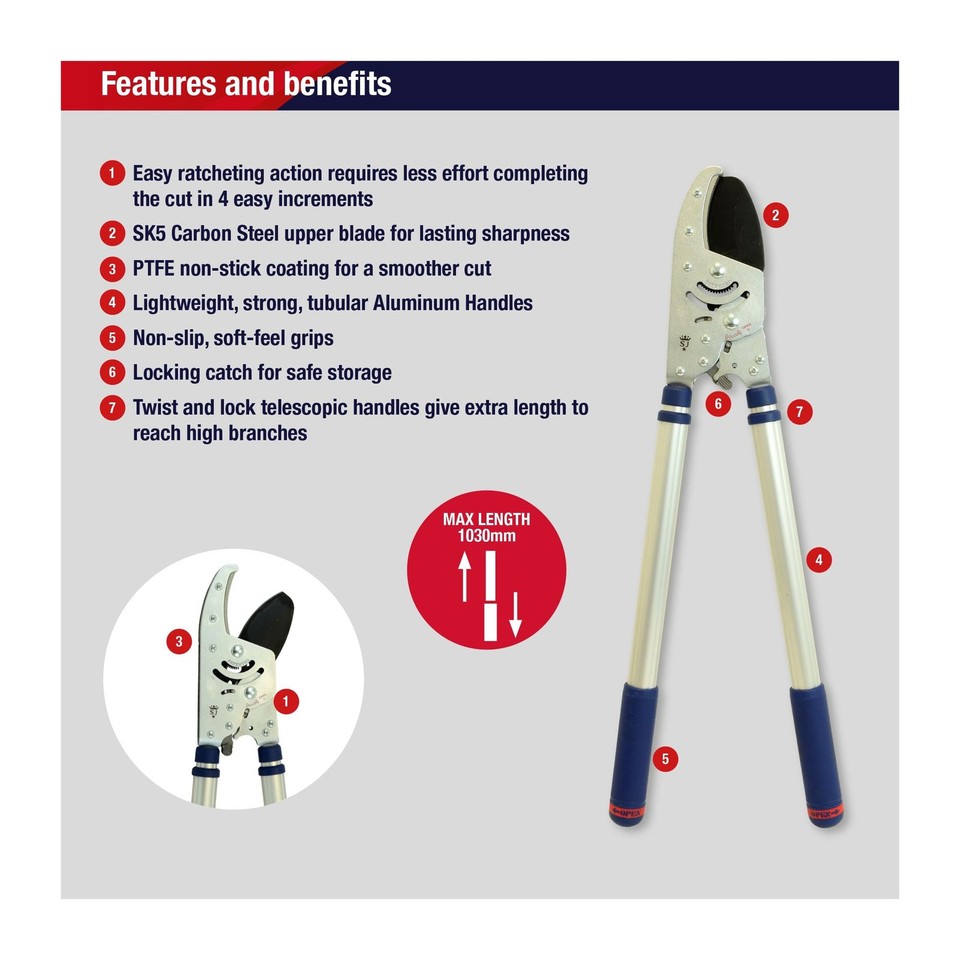 Spear & Jackson 8290RS Razorsharp Heavy Duty Telescopic Ratchet Anvil ...