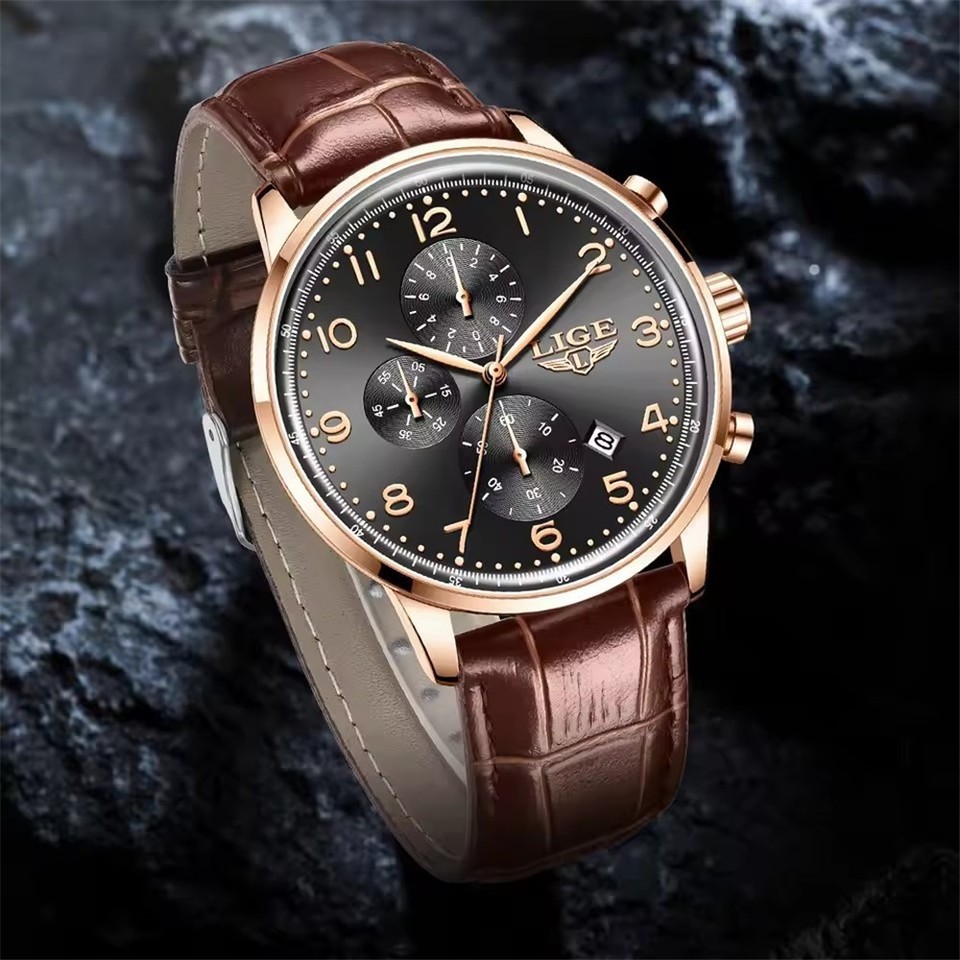 LIGE Men Watch Chronograph Leather Date Wristwatch Business Male Quartz ...
