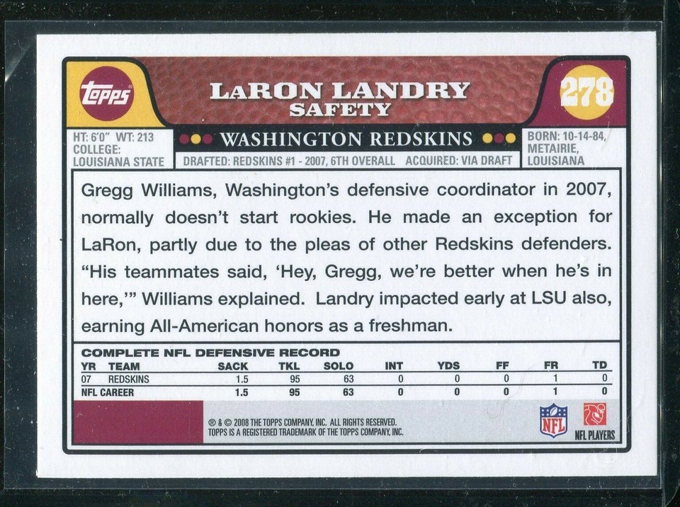 2008 Topps Football LaRon Landry # 278 Washington Redskins Rookie | eBay