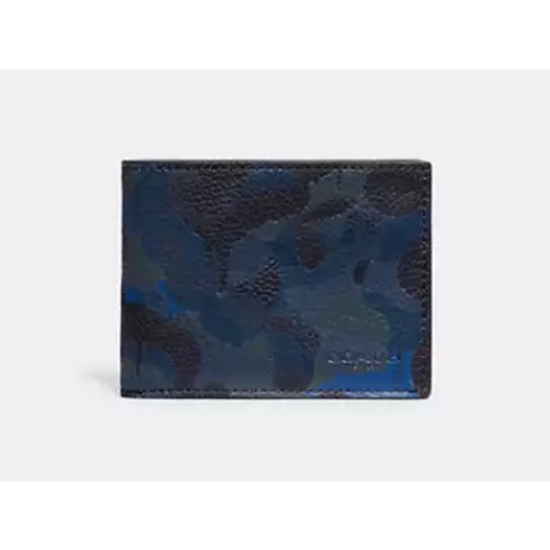 COACH Wallet Slim Billfold Blue Camo Graffiti Print Pebbled Leather ...