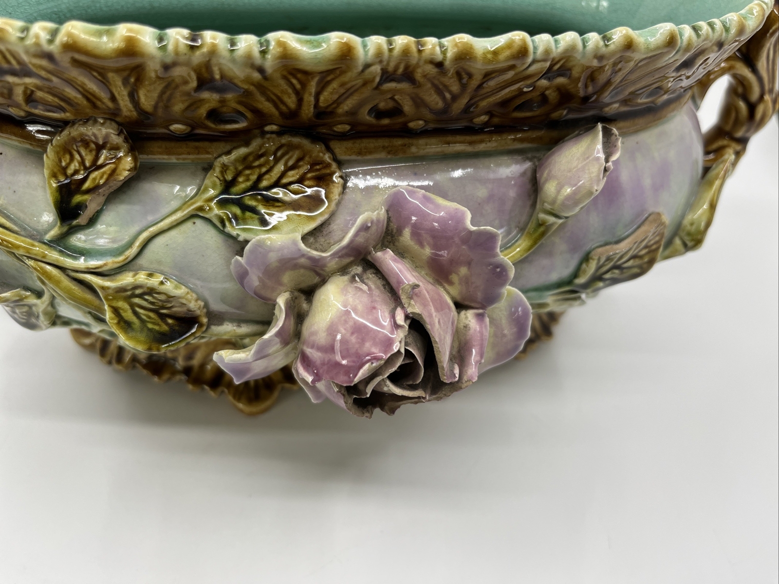Antique French Majolica Barbotine 12” Jardiniere Planter Roses Leaves ...