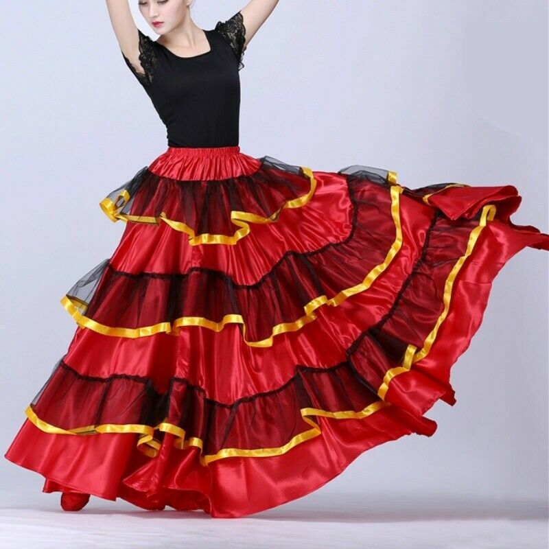 Women Ballroom Layered Ruffle Dance Skirt Swing Spanish Flamenco ...