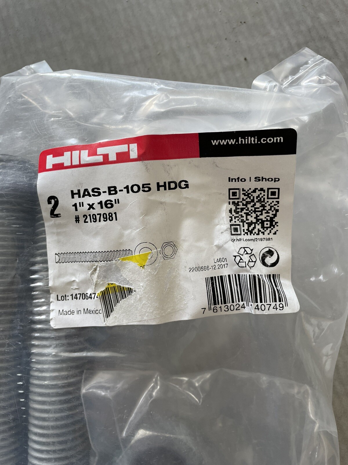 2 Pack - Hilti Anchor Rod 1" x 16" HAS-B-105 HDG #2197981, 1 inch x 16 ...