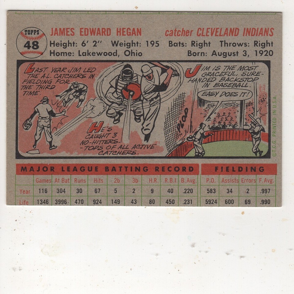 1956 Topps #48 Jim Hegan Cleveland Indians Gray Back | eBay