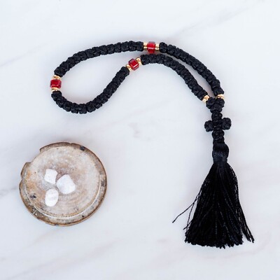 50 Knots black prayer rope with red beads Orthodox Christian Brojanica ...