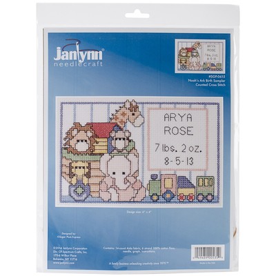 Janlynn Mini Counted Cross Stitch Kit 6"X4"-Noah's Ark Birth Sampler ...