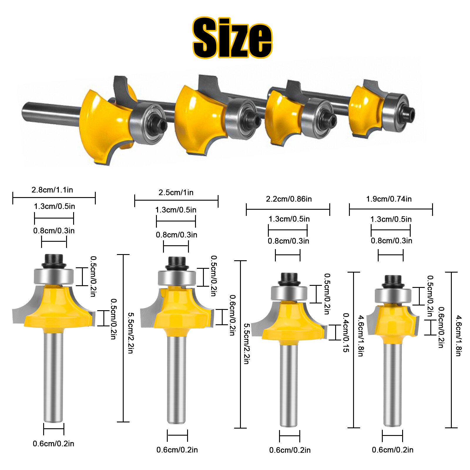 4PCS Round Over Edge Forming Router Bit 1/4" Shank 1/4" 1/8" 3/16" 5/16 ...