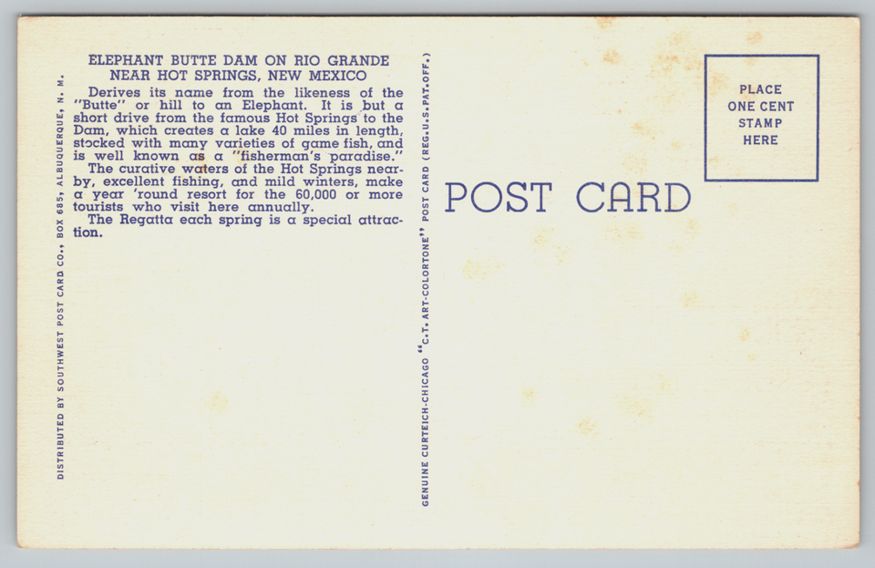 Postcard Elephant Butte Dam On Rio Grande Near Hot Springs New Mexico ...