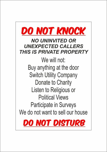 NO UNINVITED UNEXPECTED CALLERS DO NOT KNOCK COLD CALLERS self-adhesive ...