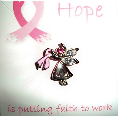 Breast Cancer Awareness pink ribbon angel pin, silvertone plated, USA ...