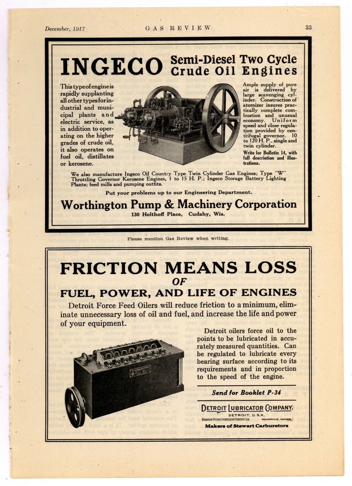 1917 INGECO International Gas Engine Co. Ad: Diesel Oil Engines ...