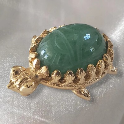 Vintage Egyptian Scarab Sea Turtle Carved Green Stone Gold Tone Brooch ...