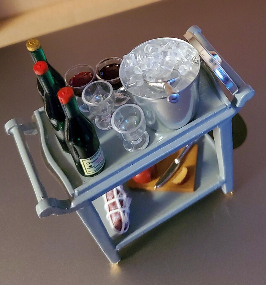 DOLLHOUSE MINIATURE ROLLING BAR CART w/WINE OPENER ICE BUCKET MEAT ...