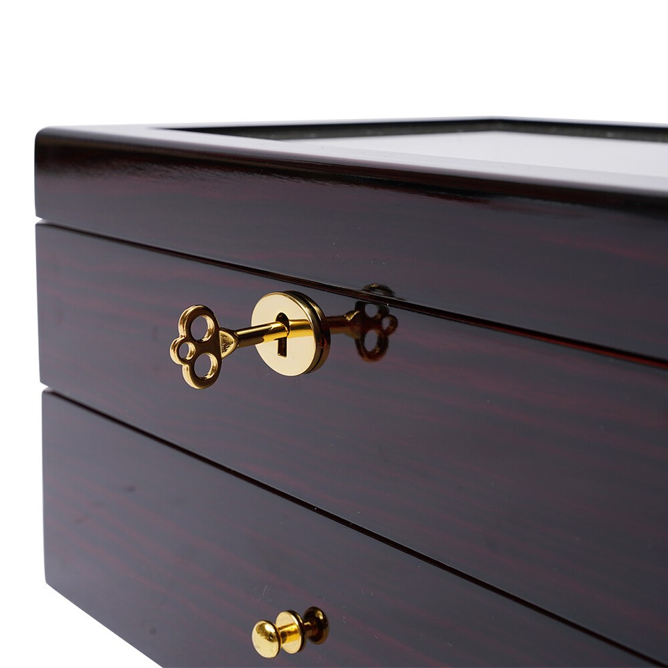 20-Slot Watch Box Wood Display Case Glass Top Jewelry Storage Box+Lock ...