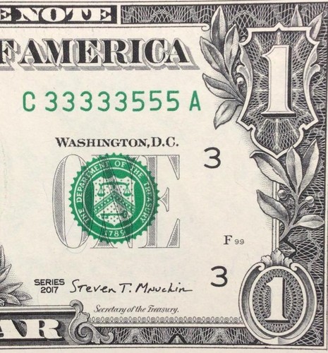 2017 $1 GEM Uncirculated FANCY SERIAL NUMBER BINARY 33333 555! Neat ...