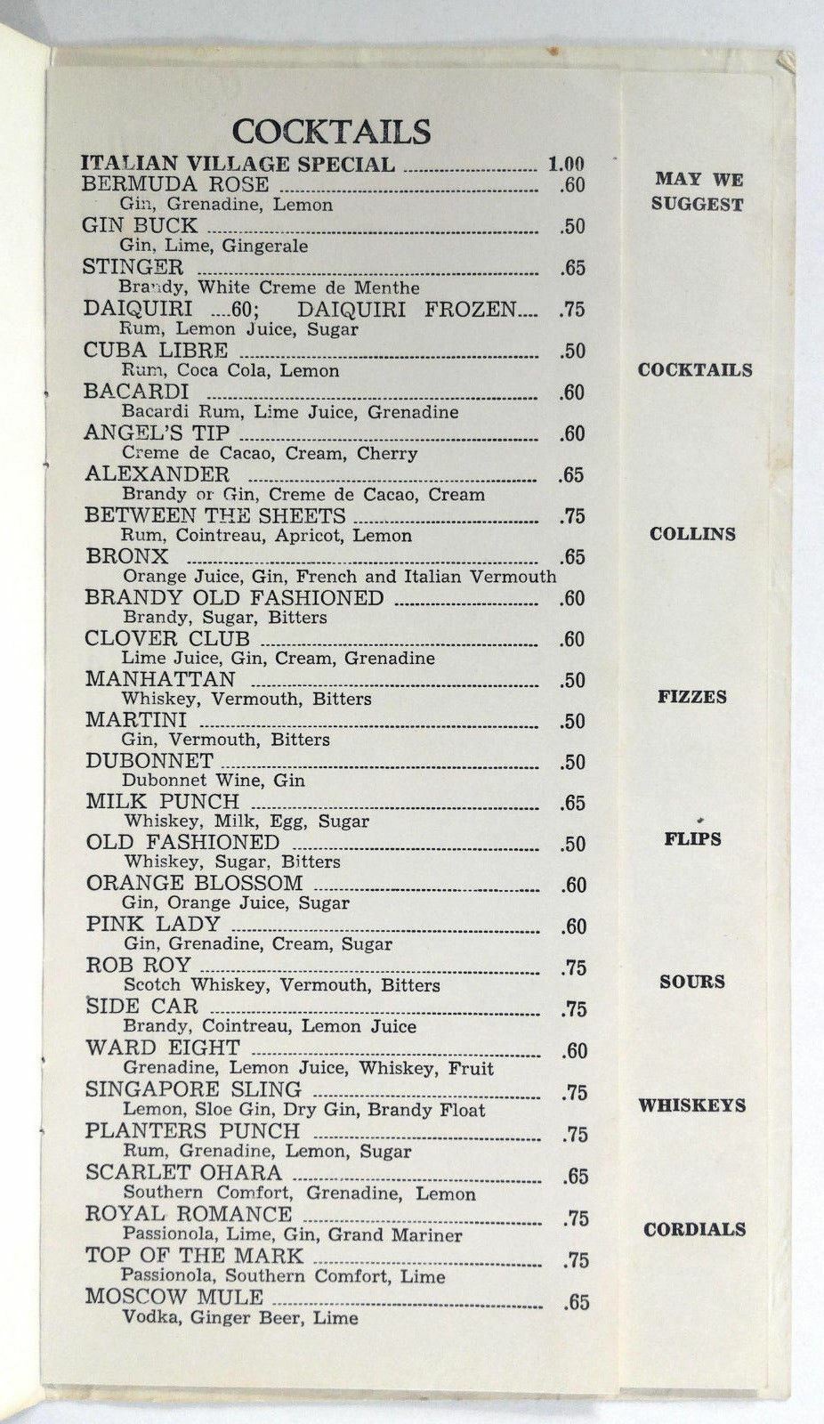 1951 Vintage COCKTAILS Menu ITALIAN VILLAGE VENETIAN ROOM Restaurant ...