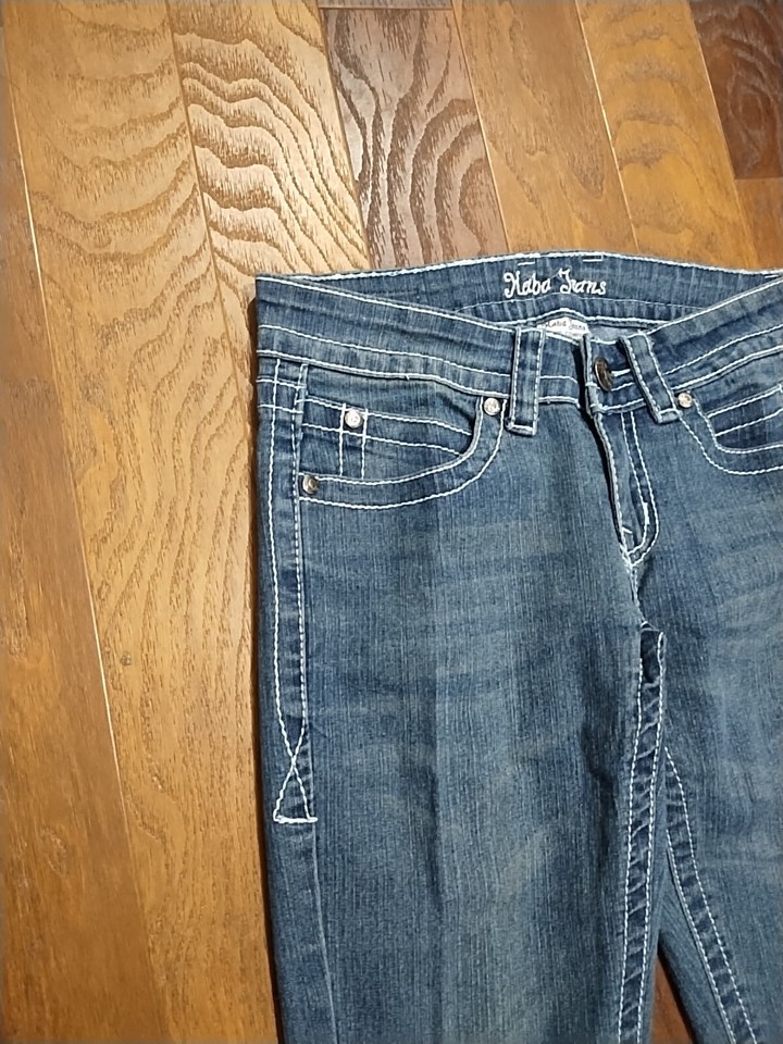 Kaba Women's Juniors 0 Blue Skinny Medium Wash Low Rise Rhinestone ...